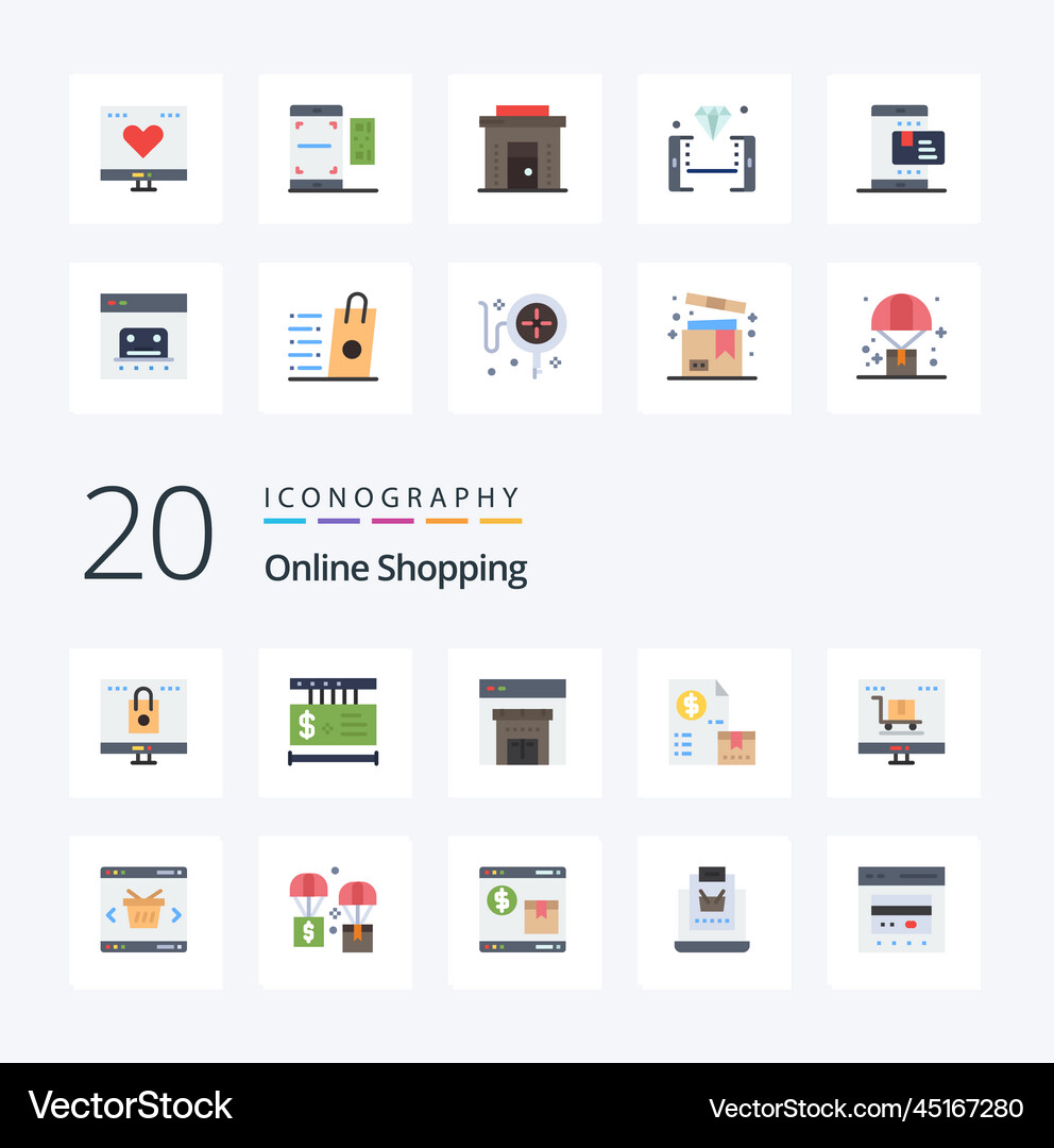 20 onflat color shopping flat color icon pack Vector Image