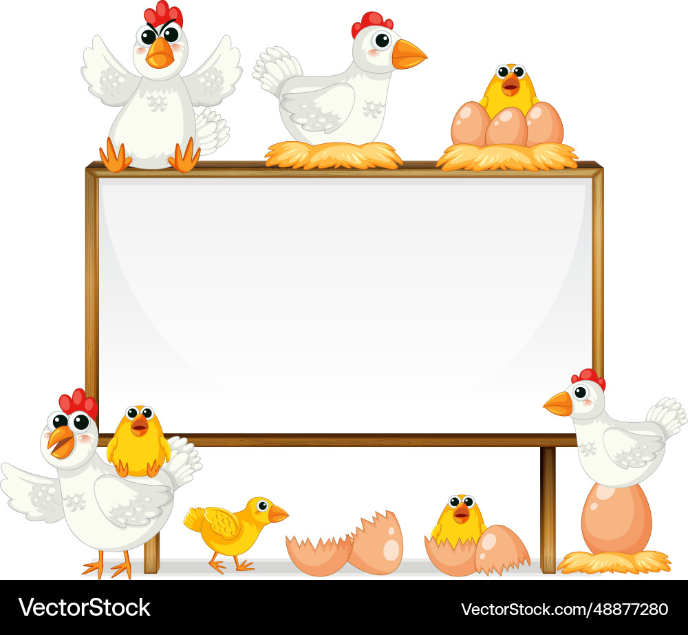 Hen and chicks with egg in wooden frame Royalty Free Vector