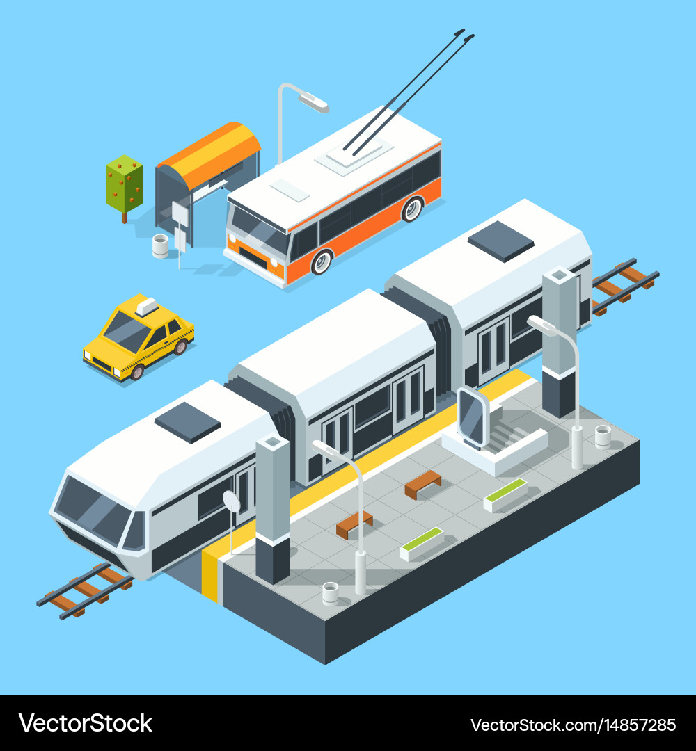 Isometric public transport stations bus and train Vector Image