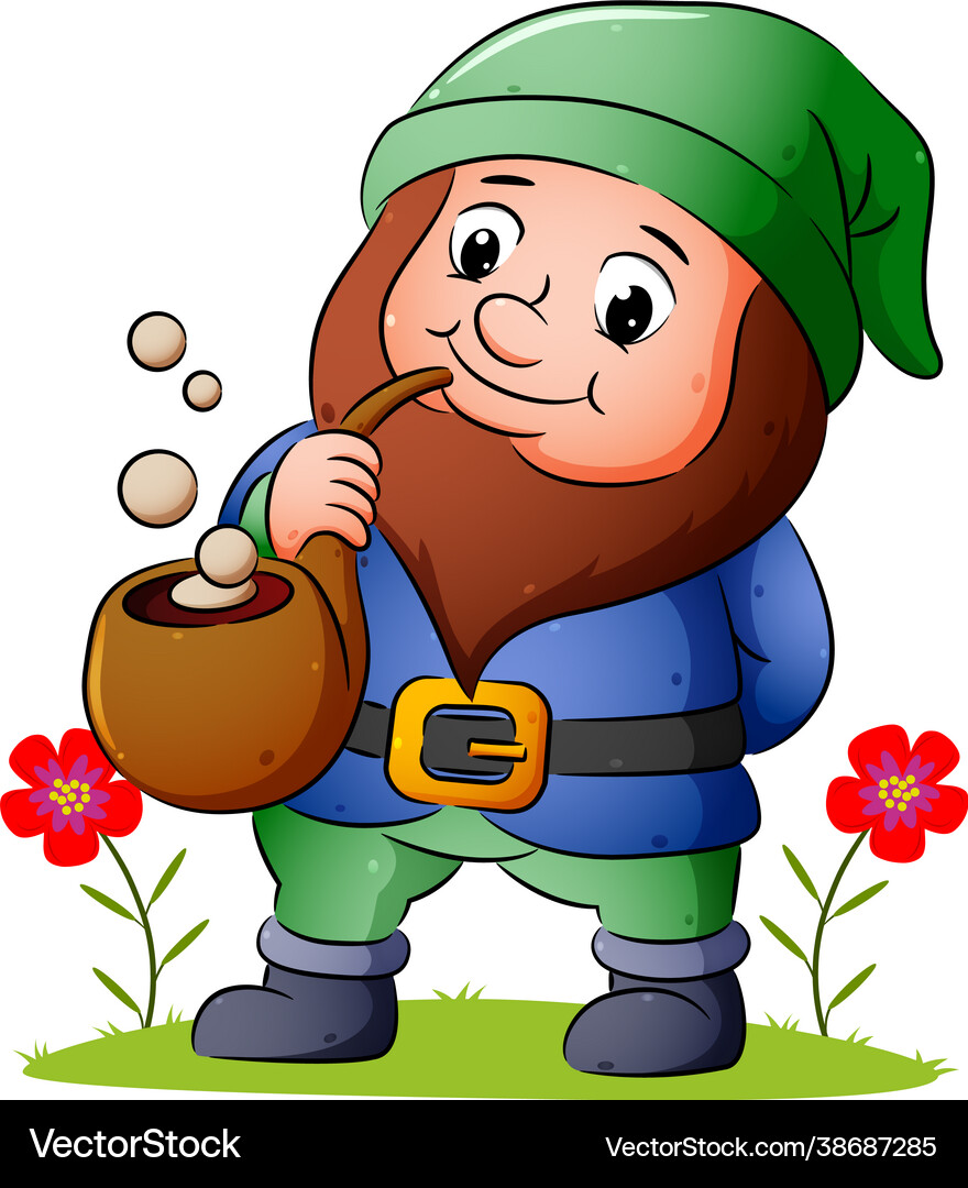 Old dwarf is smoking with wooden cigar Royalty Free Vector