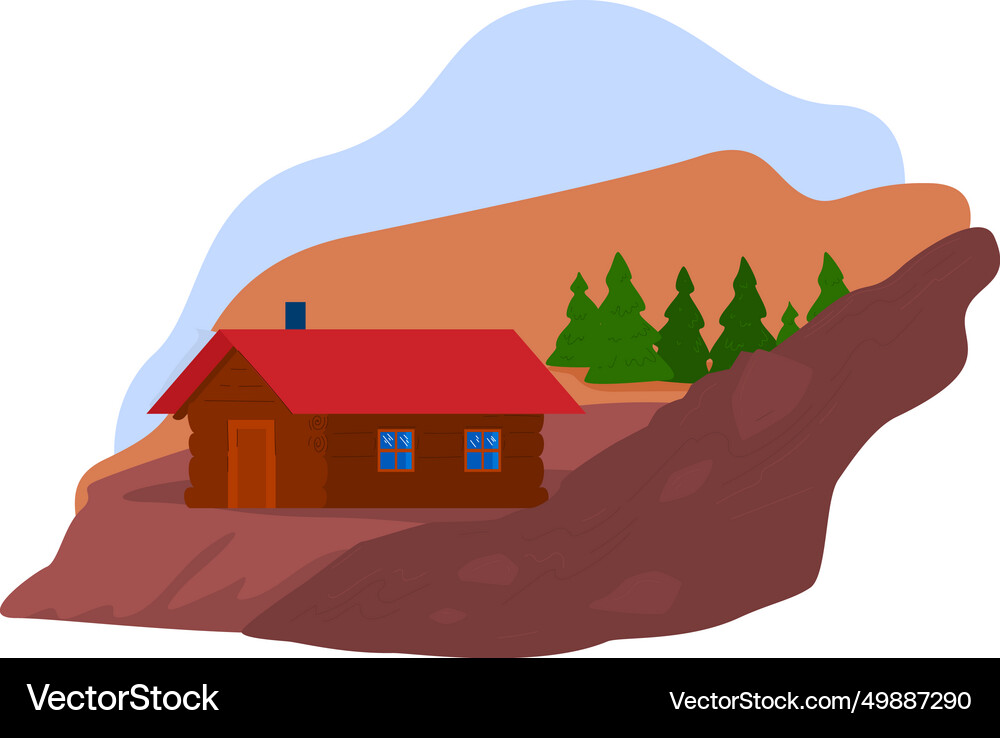 Cabin in mountains with pine trees warm cozy Vector Image