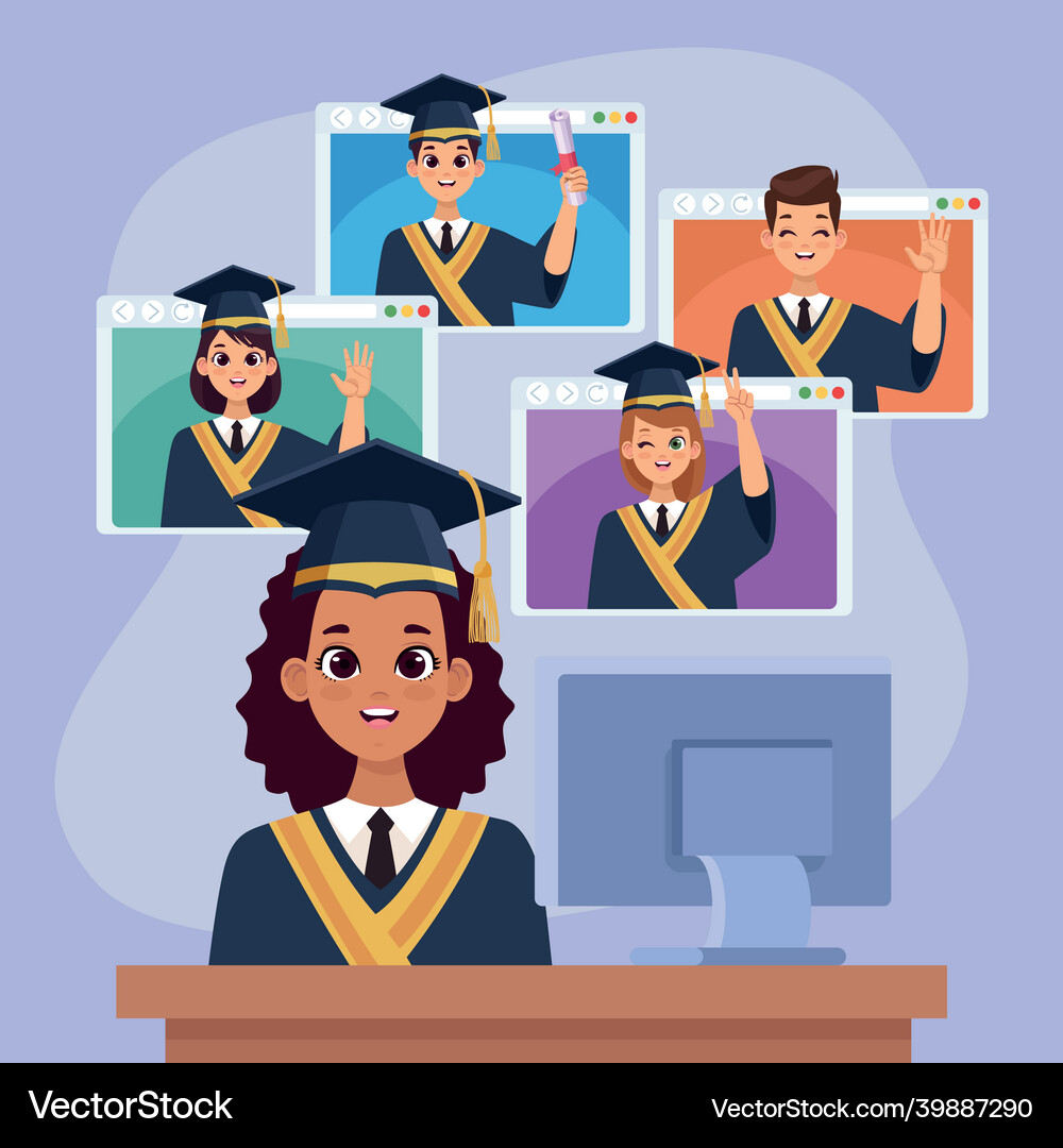 Group of graduates with desktop Royalty Free Vector Image