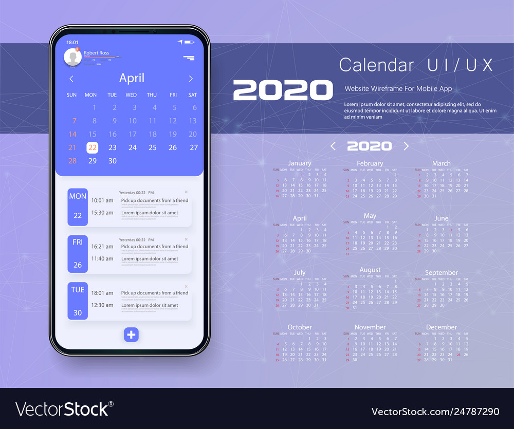 Mobile App Calendar 2020 Week Start Sunday Vector Image