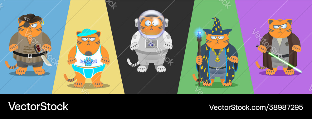 Set fat cartoon ginger disgruntled cats Royalty Free Vector
