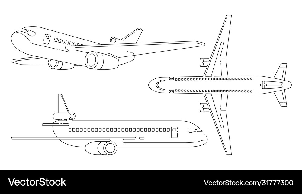 Aircraft lineart black and white set Royalty Free Vector