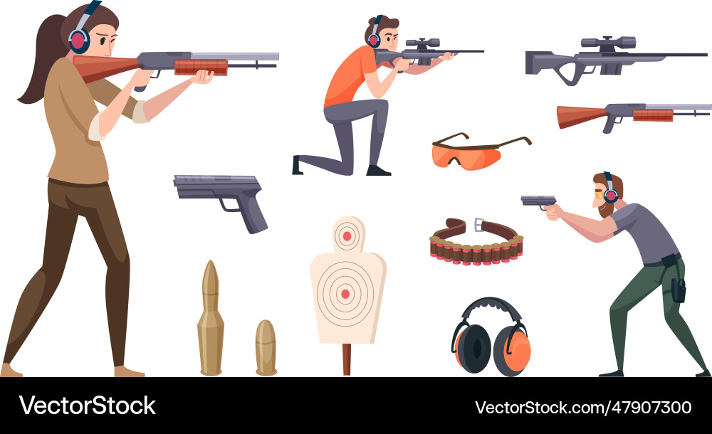 Shooting gallery people holding weapons Royalty Free Vector