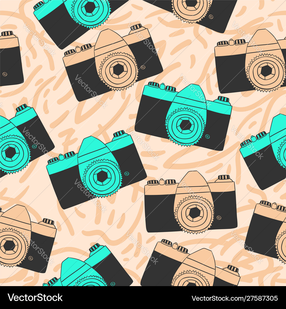 Seamless pattern with old photo cameras in doodle Vector Image