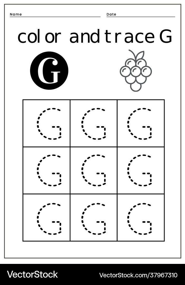 Color and trace alphabet g worksheet Royalty Free Vector