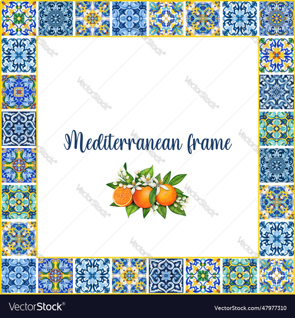 Watercolor mediterranean traditional tiles freame Vector Image