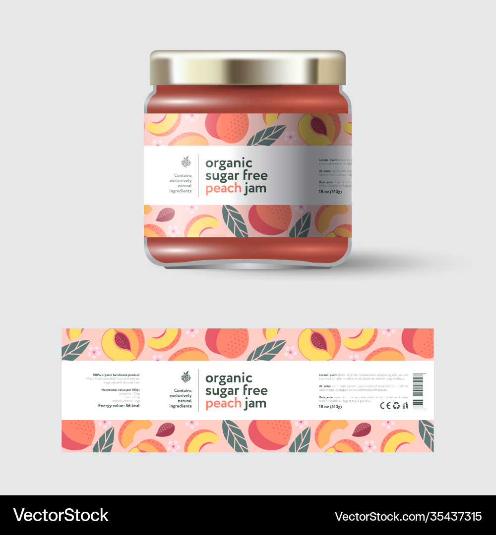 Jam peaches label packaging jar sugar free Vector Image
