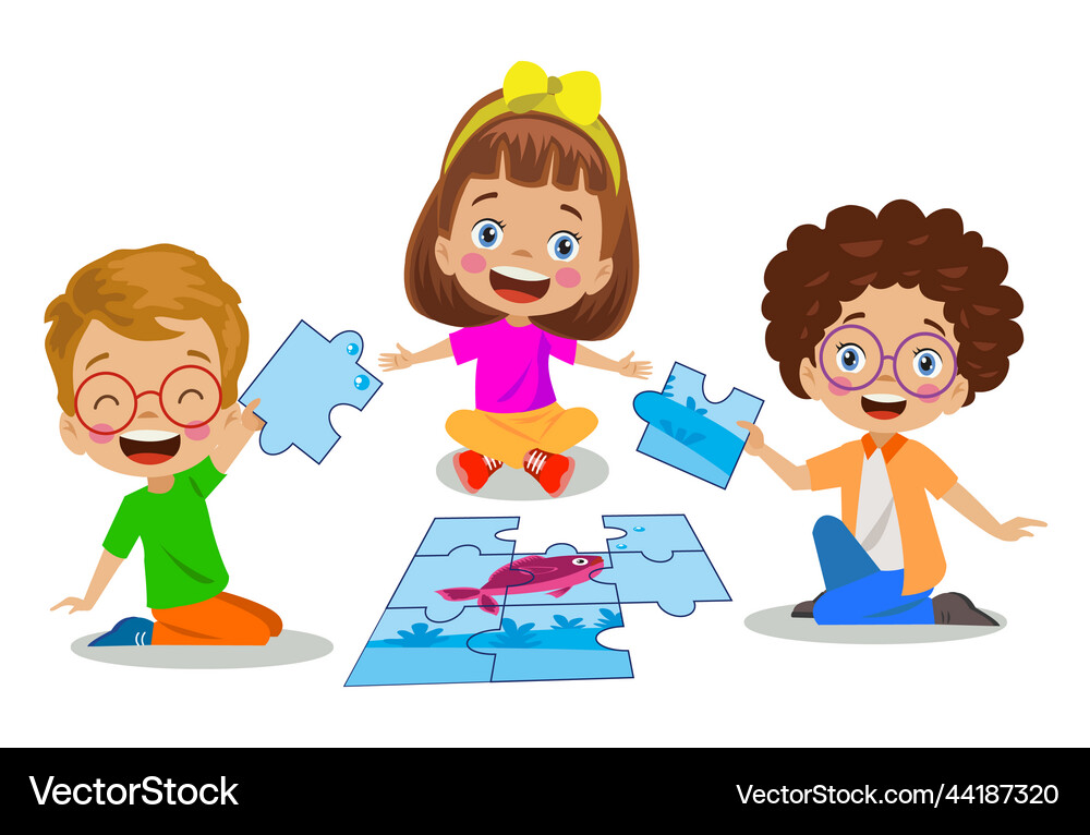 Cute and kids playing puzzle Royalty Free Vector Image