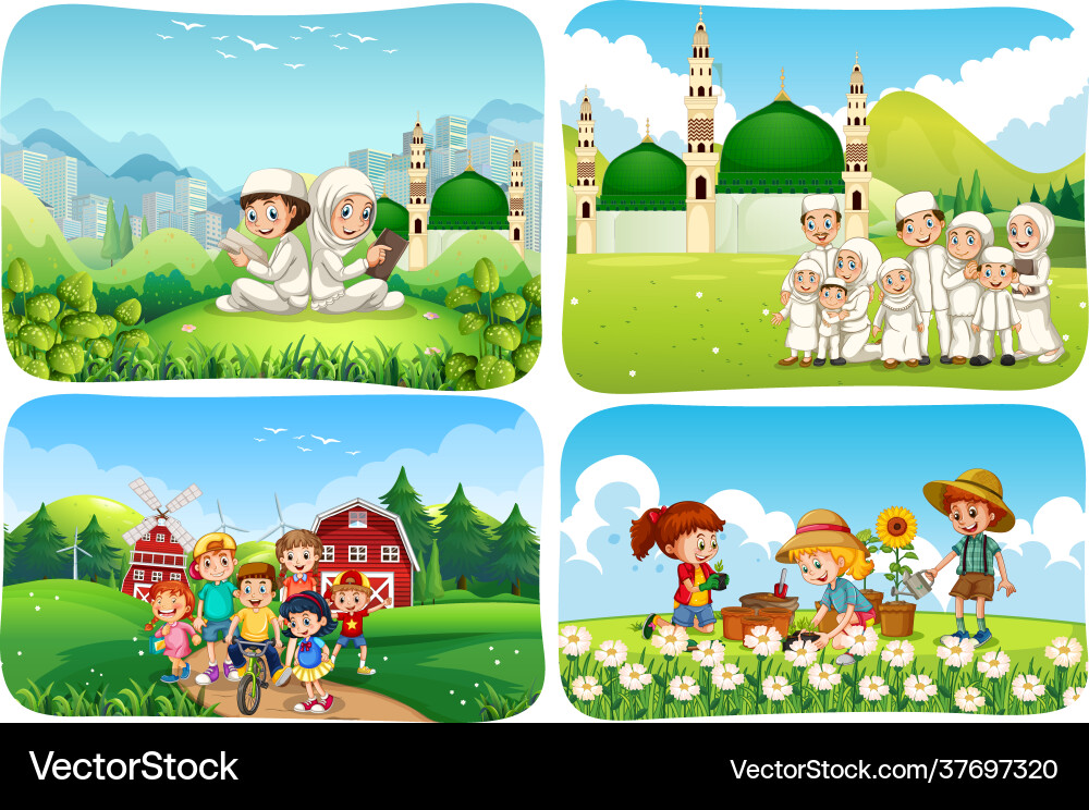 Set muslim people cartoon character Royalty Free Vector