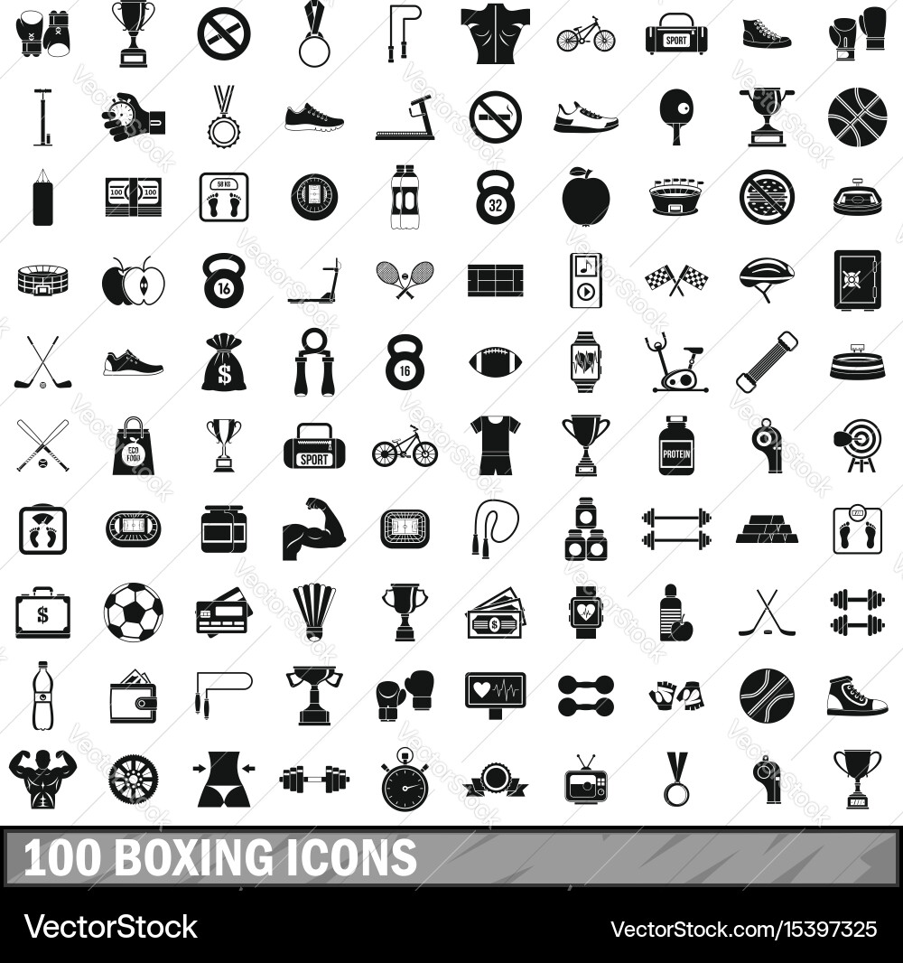 100 boxing icons set simple style Royalty Free Vector Image