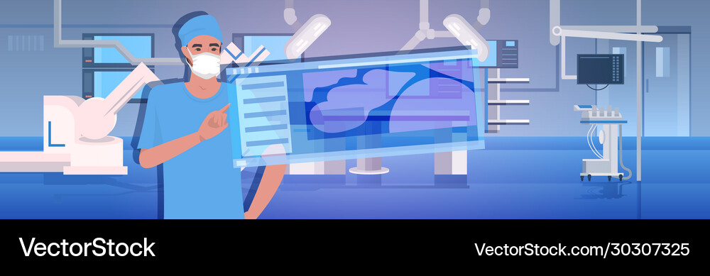 Male doctor surgeon in uniform using virtual Vector Image