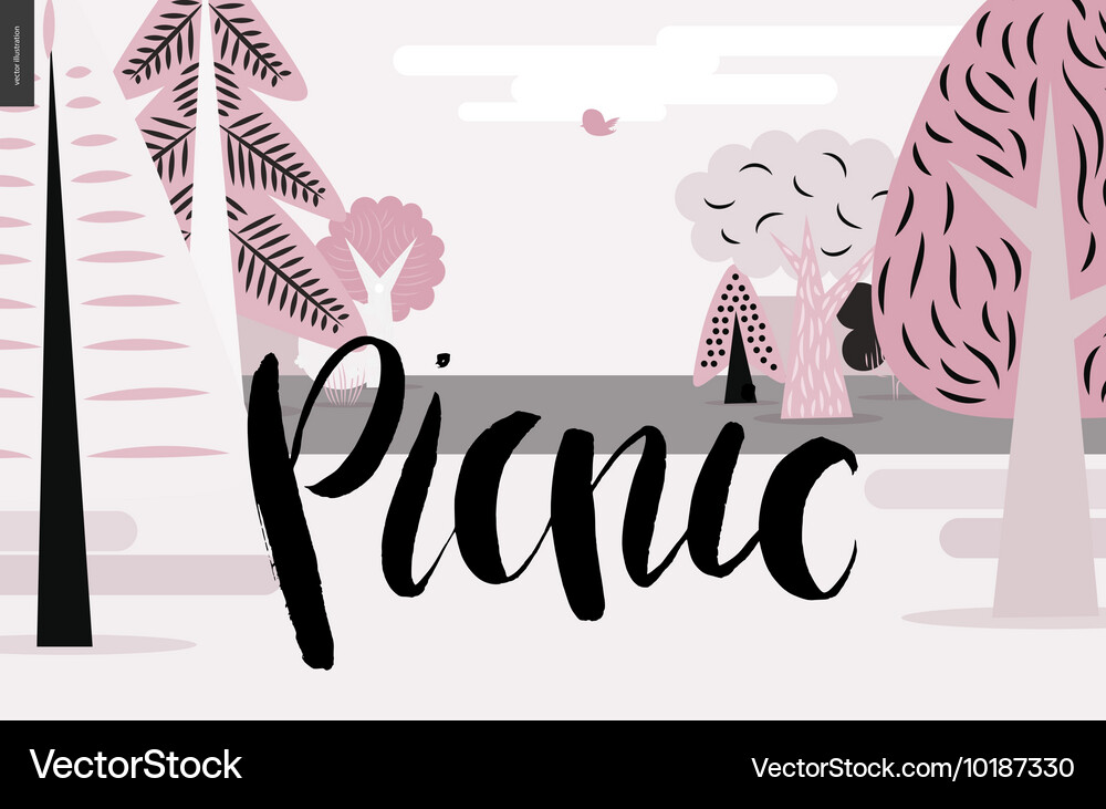 Picnic lettering on pink forest landscape Vector Image
