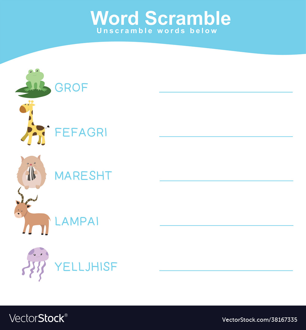 Animal spelling word scramble preschool worksheet Vector Image