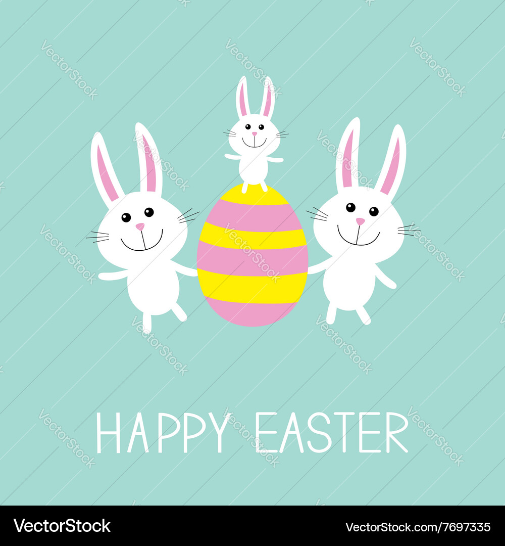 Happy Easter Three bunny rabbit family and striped