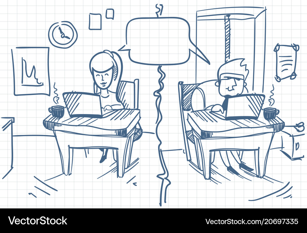 Man and woman chatting sitting at computers Vector Image