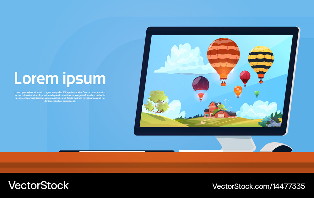 Modern desktop computer with colorful air balloons