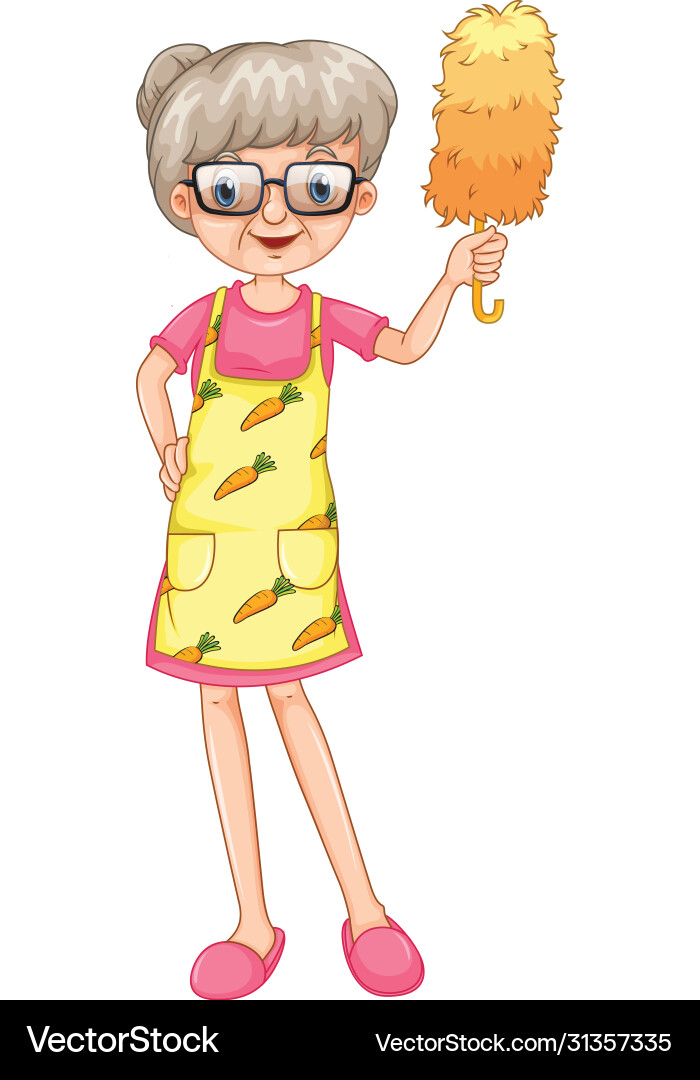 Old woman holding duster on white background Vector Image
