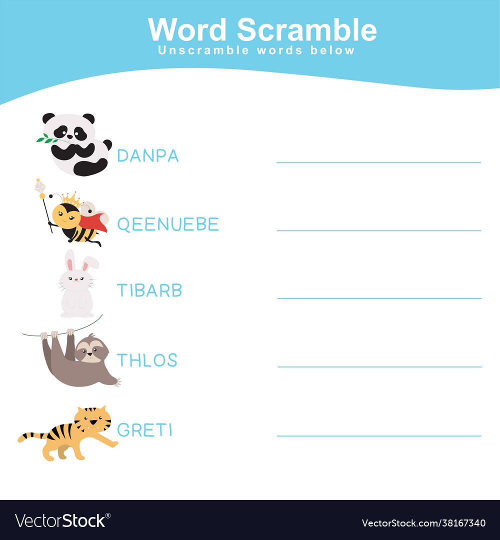 Animal spelling word scramble preschool worksheet Vector Image
