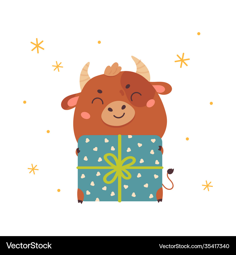 Cute cartoon ox with a gift Royalty Free Vector Image