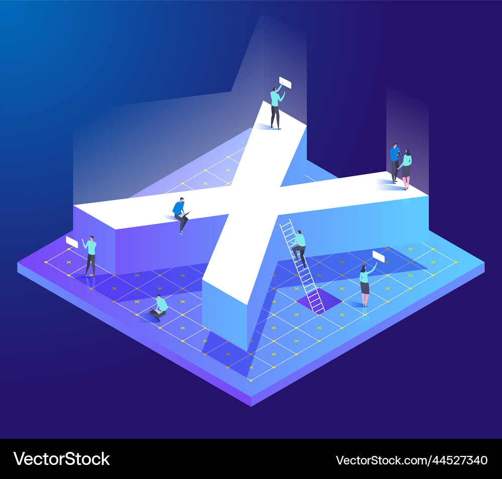 Isometric creative font letter x with small people