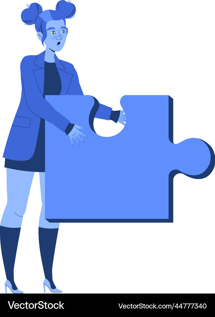 Young woman with jigsaw puzzle having challenge Vector Image