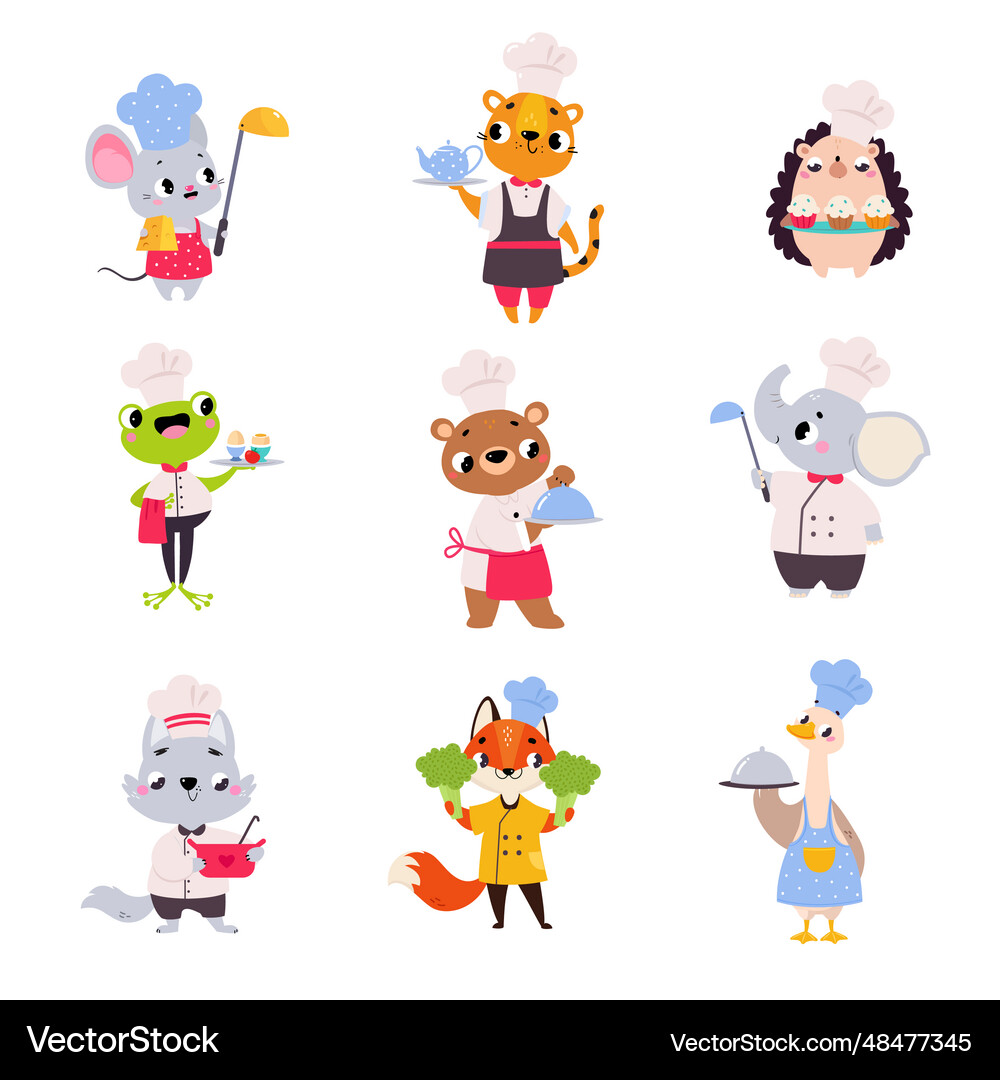 Cute animals chef character in uniform cooking Vector Image
