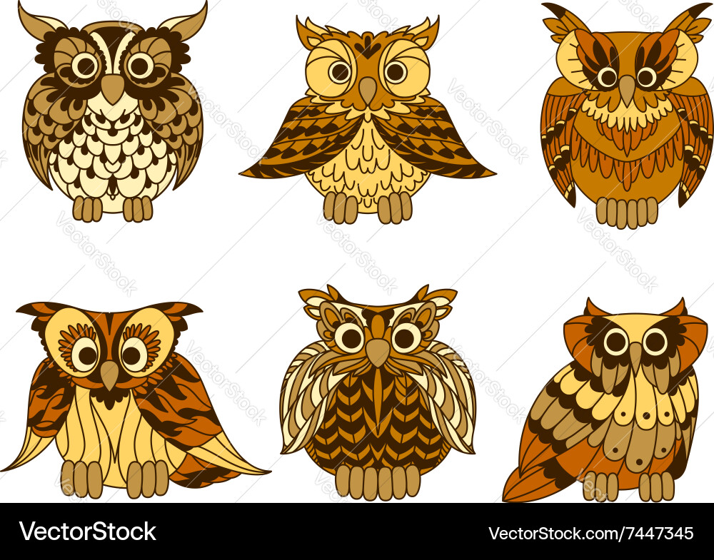 Great horned owls with mottled brown plumage Vector Image
