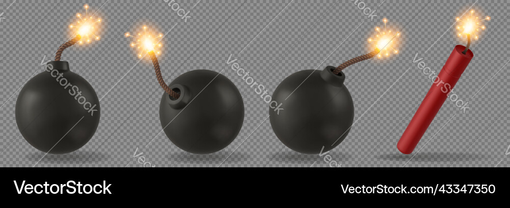 Bombs and dynamite stick with burning fuse set Vector Image