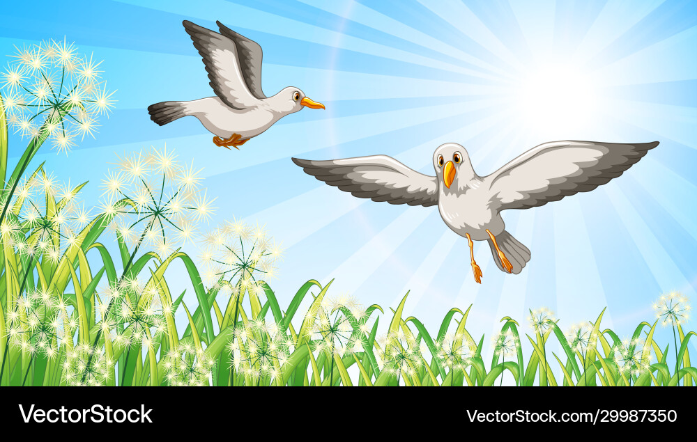 Nature scene background with two birds flying in Vector Image