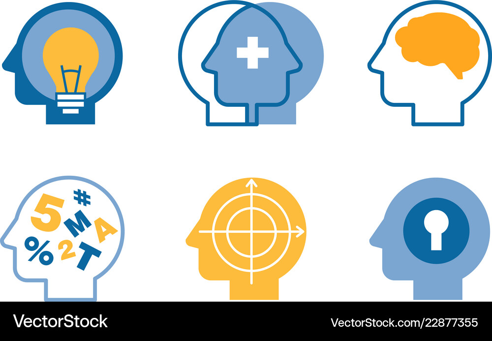 Head silhouettes with ideas in their heads set Vector Image