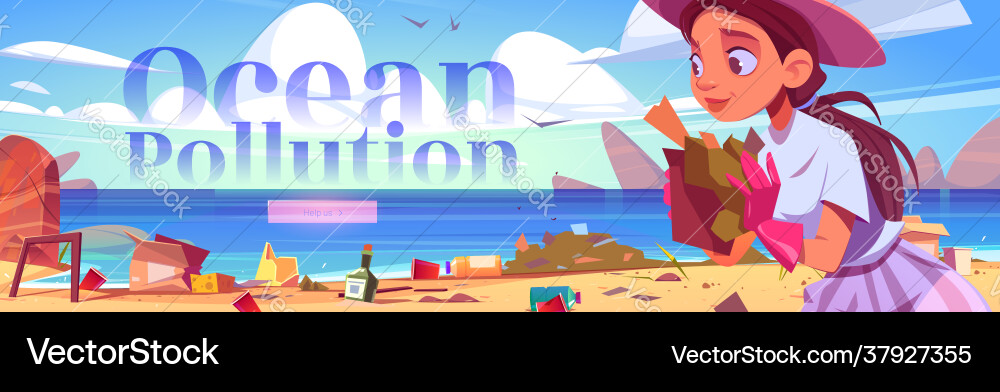 Ocean pollution cartoon web banner clean up beach Vector Image