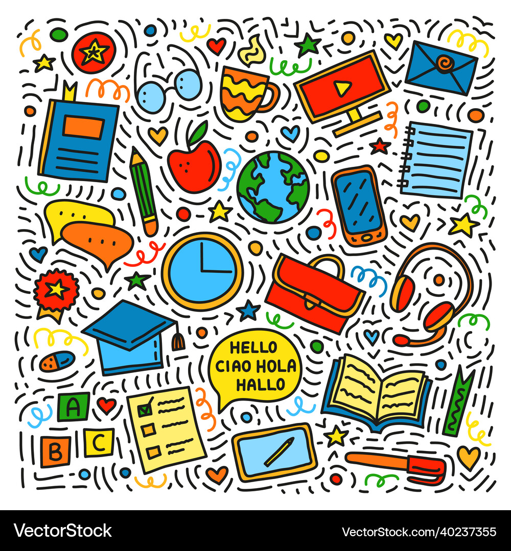 Set of doodle language courses icons Royalty Free Vector