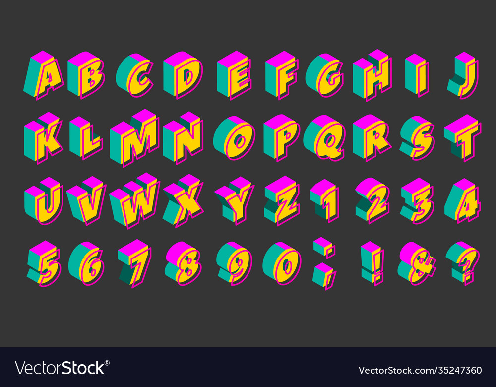 90s isometric neon alphabet set Royalty Free Vector Image