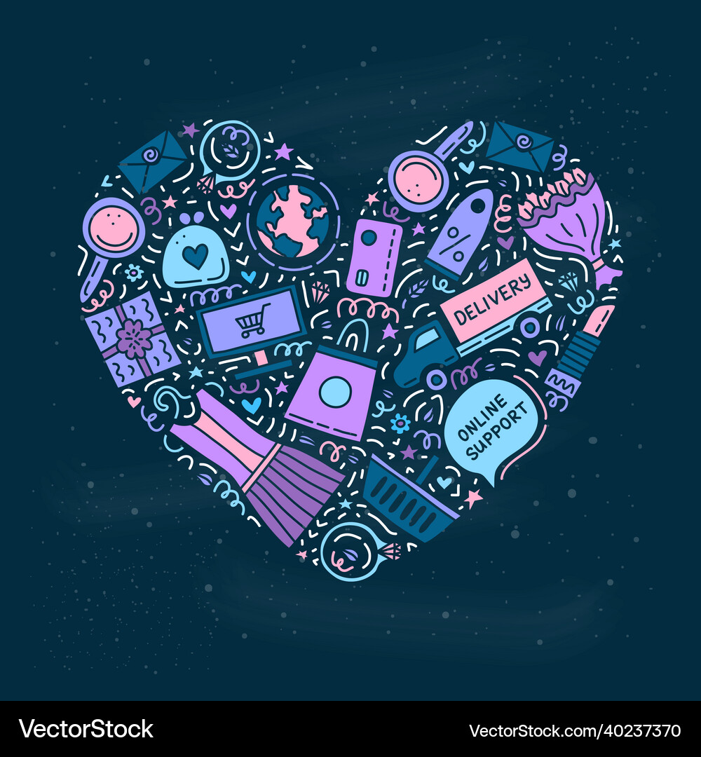 E-commerce shopping doodles in heart shape Vector Image