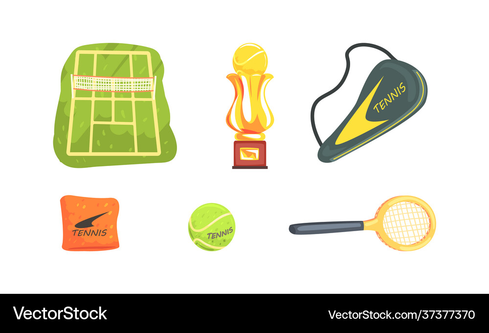 Tennis sport objects set court racket Royalty Free Vector
