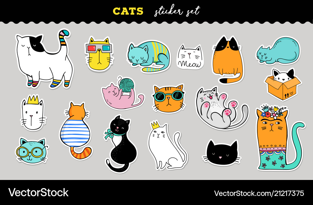 Cats cute sticker collection hand drawn Royalty Free Vector