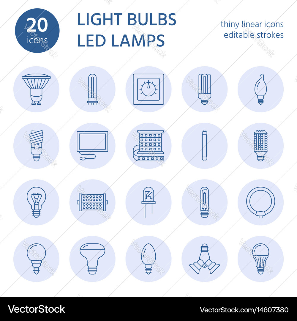 Light bulbs flat line icons led lamps types Vector Image