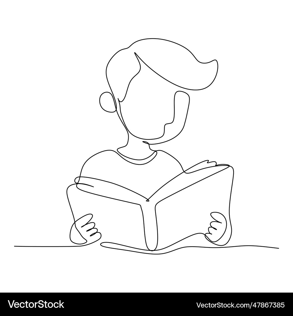 Continuous line drawing of a young man reading Vector Image