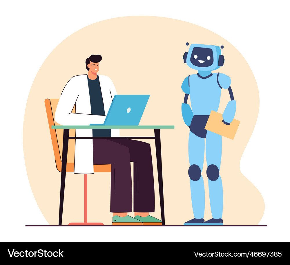 Doctor or scientist at computer desk talking Vector Image