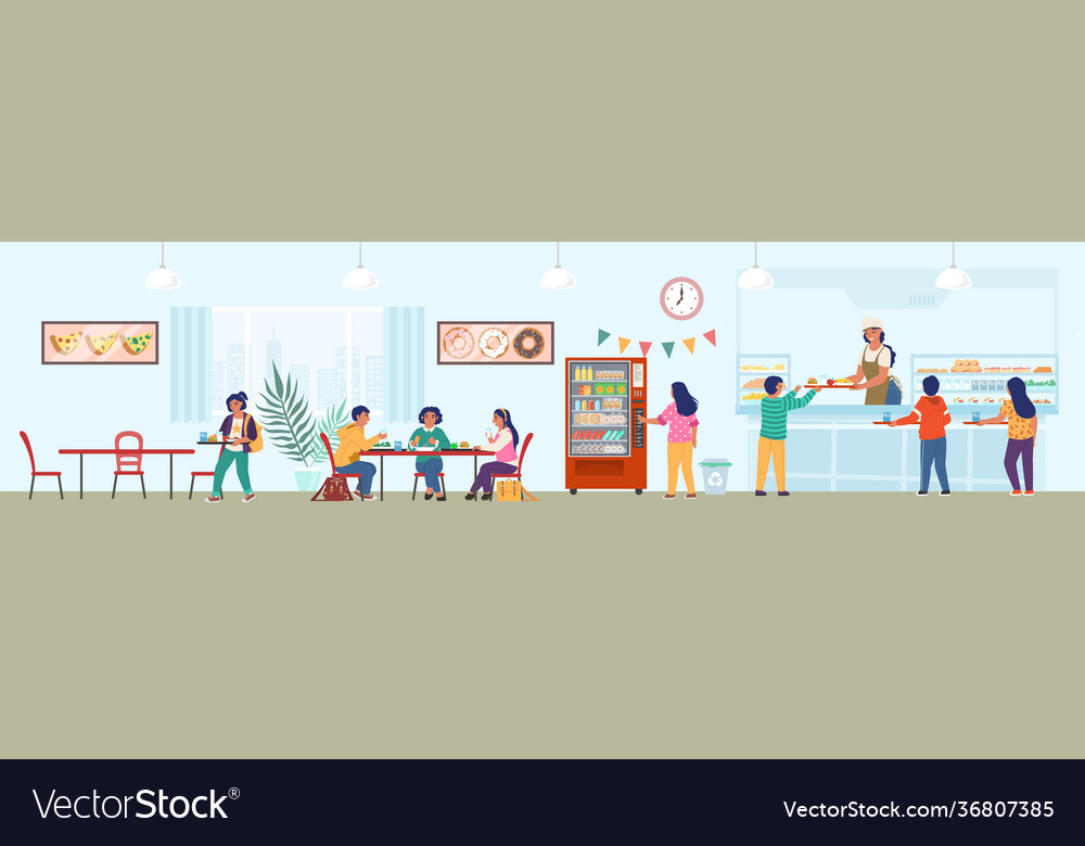 School canteen with staff and children having Vector Image