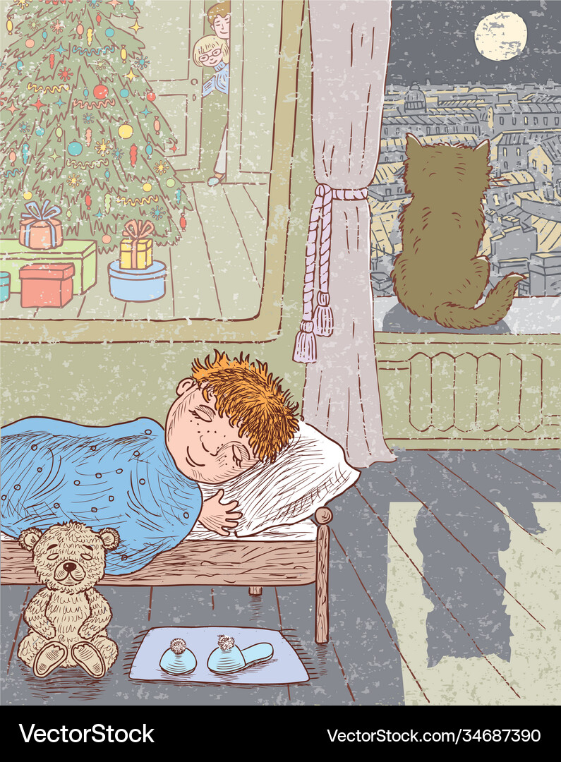 Freehand drawing little boy sleeping in his Vector Image