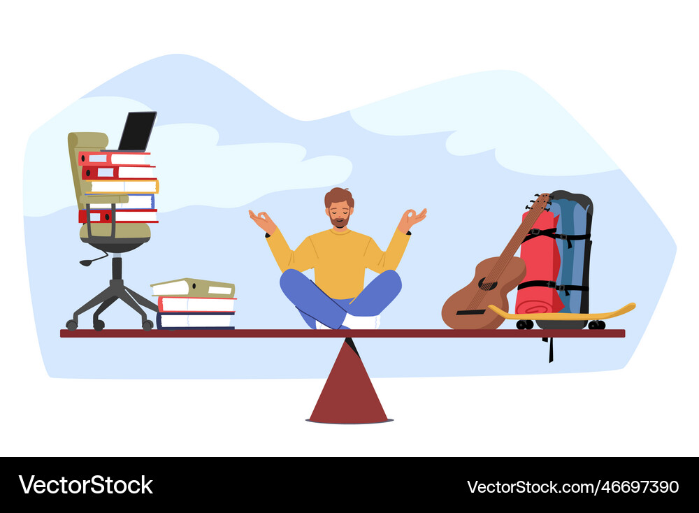 Man character meditate on balance scale between Vector Image