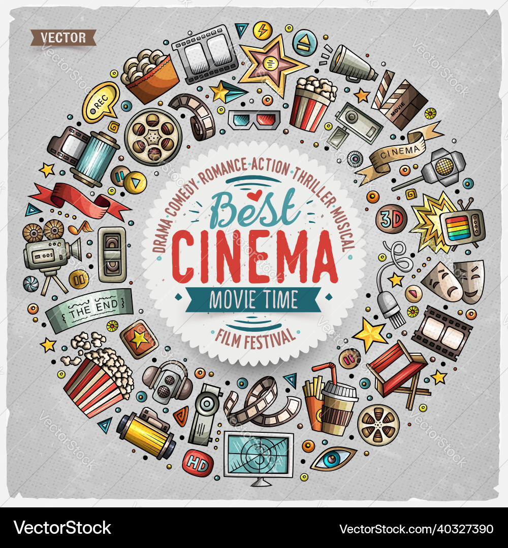 Set of cinema cartoon doodle objects Royalty Free Vector