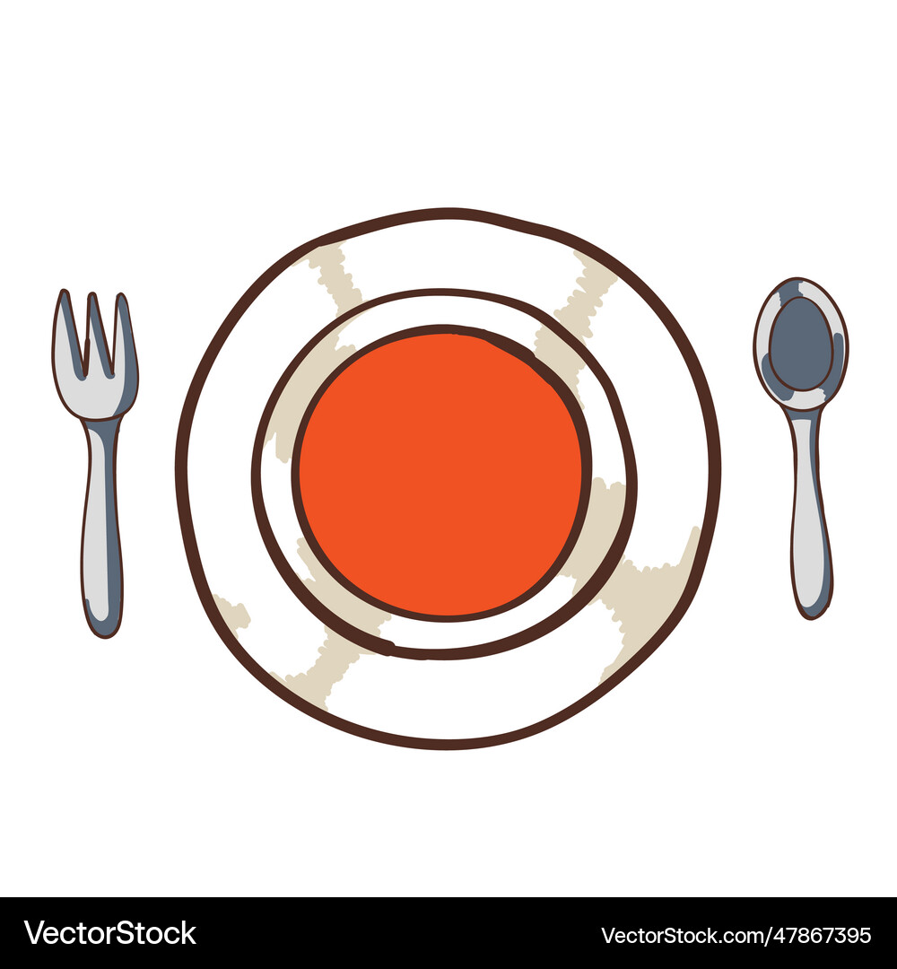 Empty plate with spoon and fork in cartoon style Vector Image