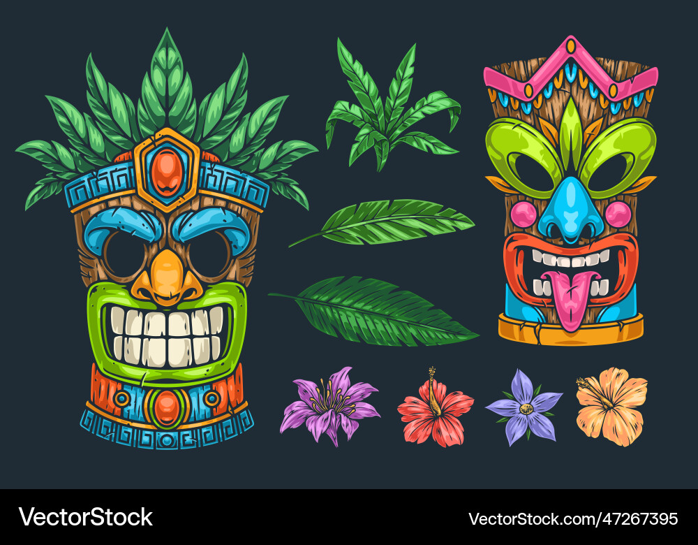 Hawaiian totems colorful set element Royalty Free Vector