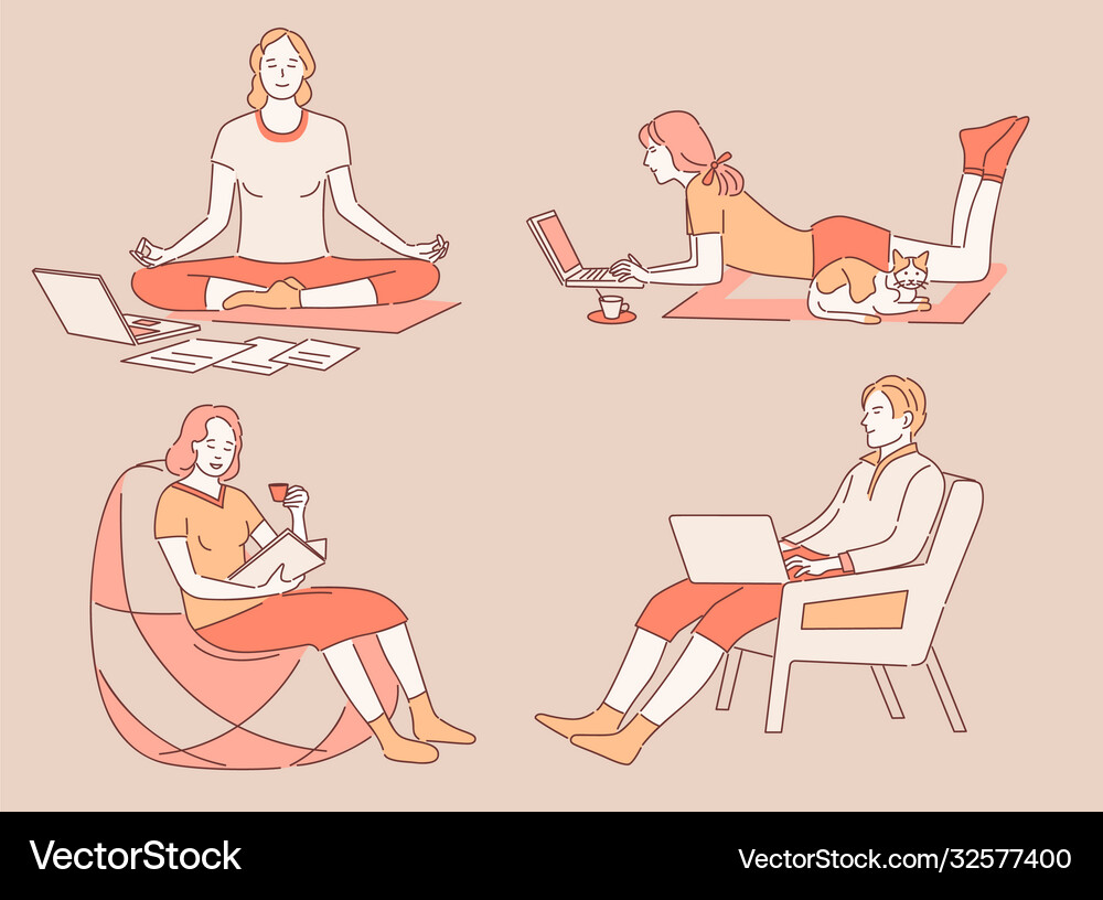 Work and relax at home cartoon outline Royalty Free Vector