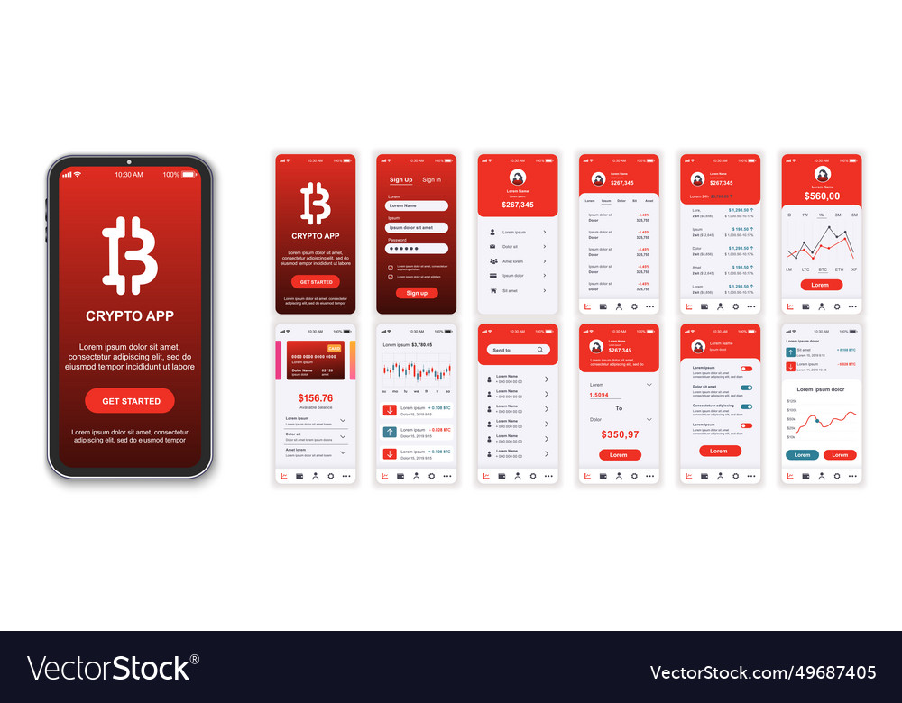 Crypto mobile app interface screens template set Vector Image